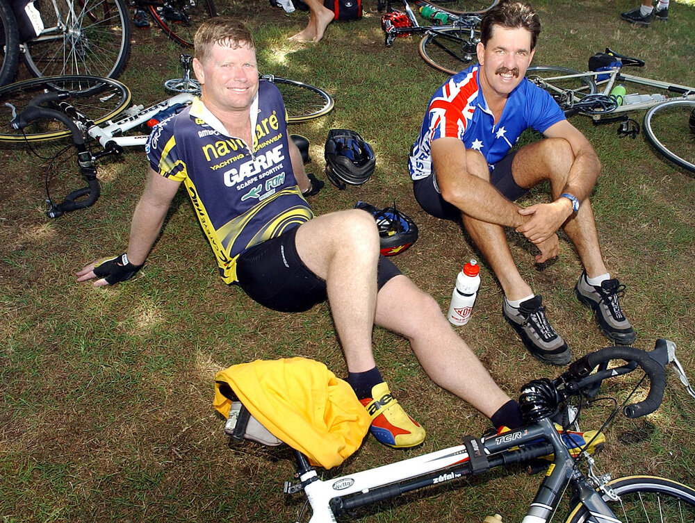 Cyclists Simon Barnett and Lance Zivec relaxing after the ride, Ipswich ...