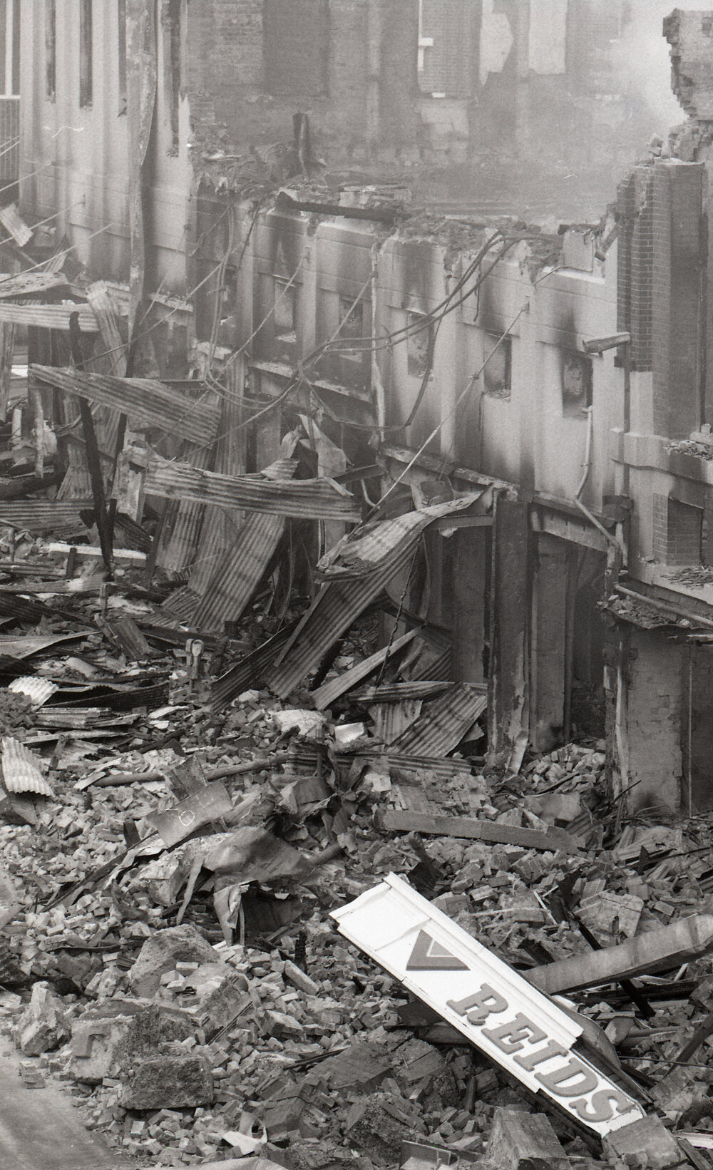 Smouldering ruins of Reid's (Cribb & Foote), Bell Street, Ipswich ...