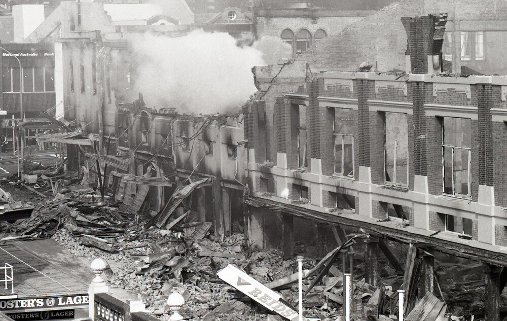 Smouldering ruins of Reid's (Cribb & Foote), Bell Street, Ipswich ...